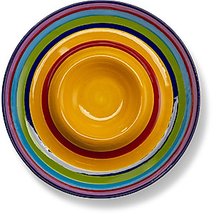 KooK Ceramic Chip & Dip Platter, Large Divided Serving Dish for Parties, Round Tray for Snacks and Appetizers, with Bowl for Dips, Dishwasher Safe, Hand-painted, Multicolor, Tinga Collection, 13 Inch