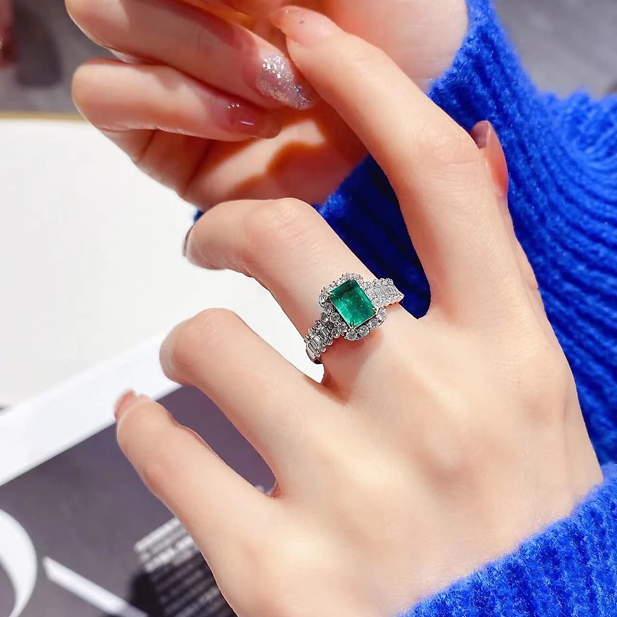 KINMOT Pretty Baguette Cut Shank Halo Sky Blue Square Zircon Engagement Rings Gift for Her