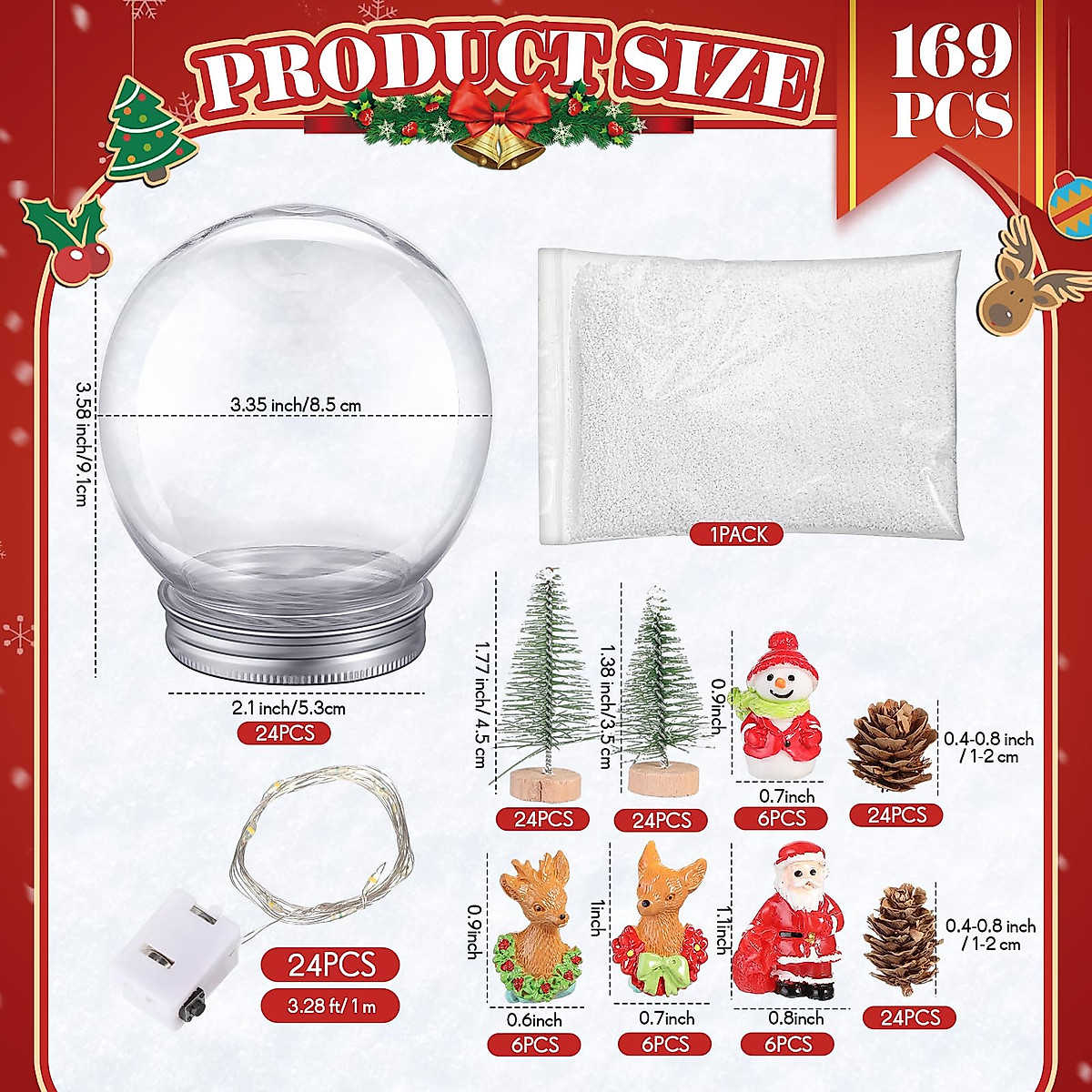Liliful 24 Sets Lighted DIY Snow Globe Christmas Clear Plastic Snow Globe Kit with Christmas Tree Faux Snow Flake Artificial Pine Cone Santa Claus Snowmen Reindeer Stocking House for Xmas DIY Crafts