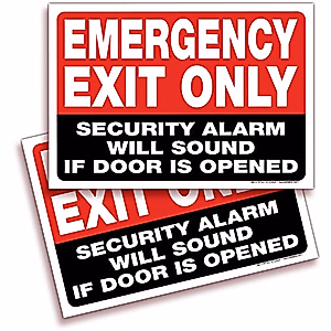 iSYFIX Emergency Exit Only Stickers – 2 Pack 10x7 Inch – Premium Self-Adhesive Vinyl, Laminated UV, Weather, Scratch, Water & Fade Resistance, Security Alarm Will Sound if Door is Opened Signs