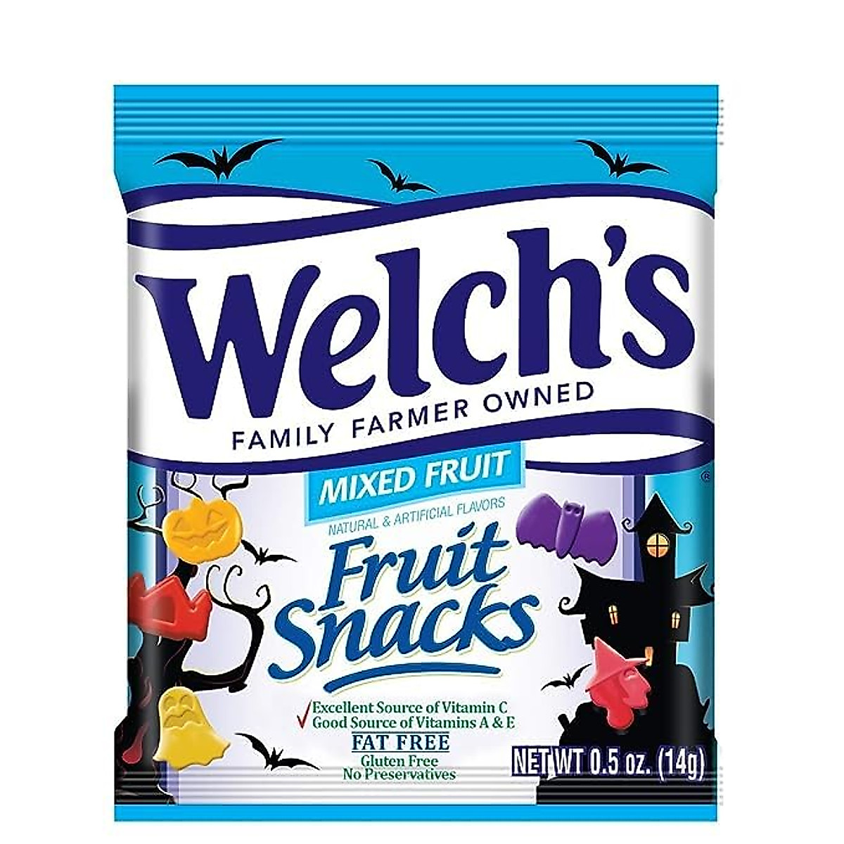 Halloween Treats Fruit Snack Welch's Gummy Flavor | 85 Fun Size Pouch - 0.5 Ounce Each | Shapes - Ghost Bat Jack-O-Lantern Witches Haunted House | Trick Treat Party Event - Muchai Card & Bag Included