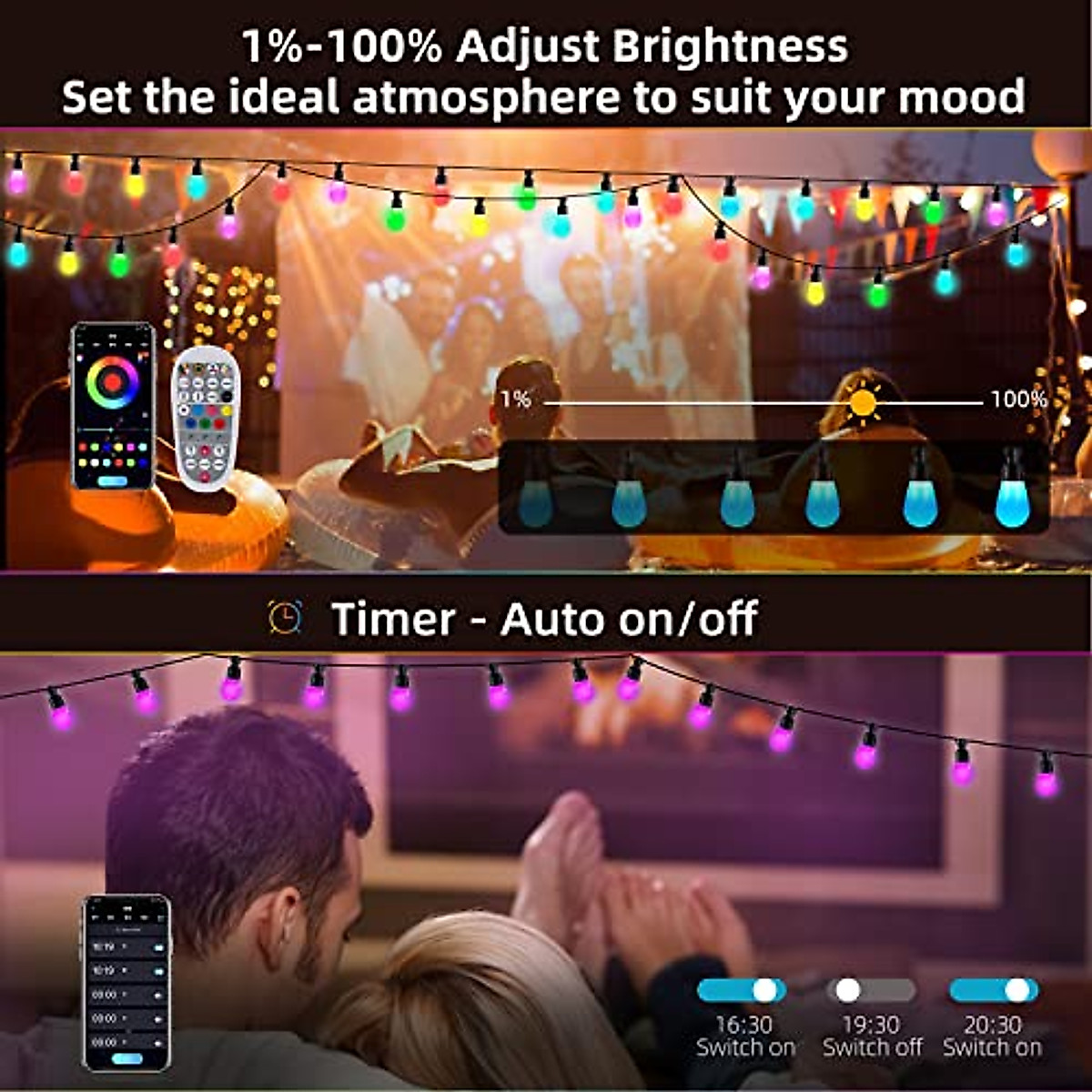 Smart Outdoor String Lights with 30 Dimmable RGB LED Bulbs, 74ft Color Changing Light Waterproof S14 Shatterproof Patio Lights with App Control & Remote for Porch Backyard Cafe Gazebo Lighting Decor