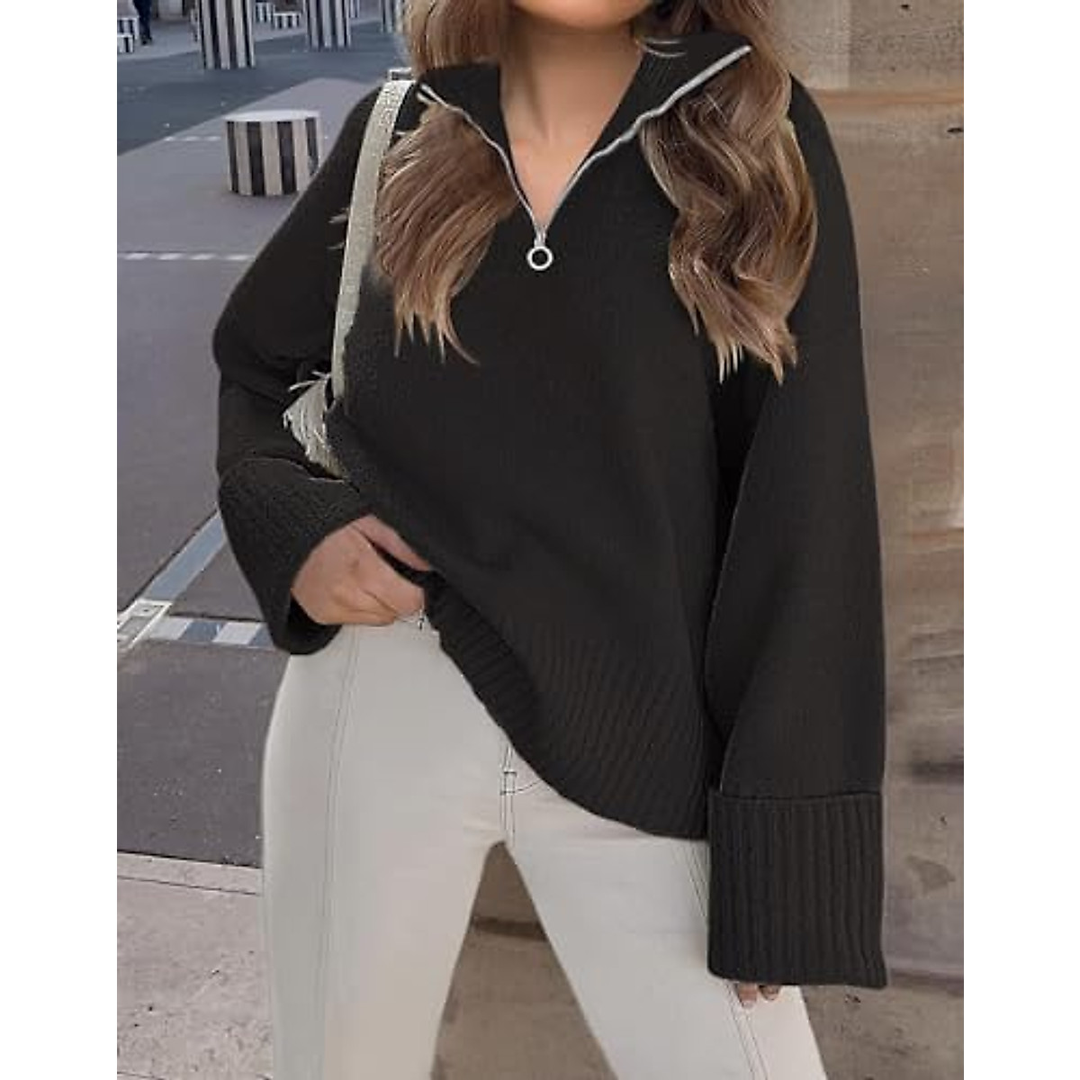 ZESICA Women's 2023 Winter Long Sleeve 1/4 Zipper V Neck Loose Fuzzy Knitted Chunky Warm Pullover Sweater Jumper Tops,Black,Large