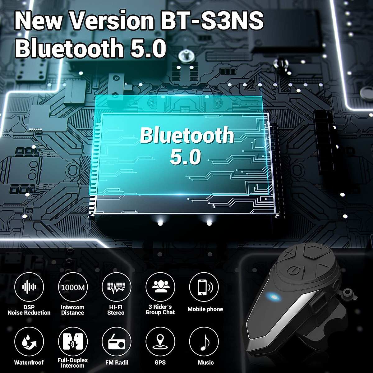 Yaconob Motorcycle Bluetooth Headset BT-S3NS 1000m Motorcycle Helmet Bluetooth Radio Intercom Wireless Interphone to 2-3 Riders (Waterproof/Handsfree/Stereo Music/FM Radio/GPS/MP3 (1 Pack)