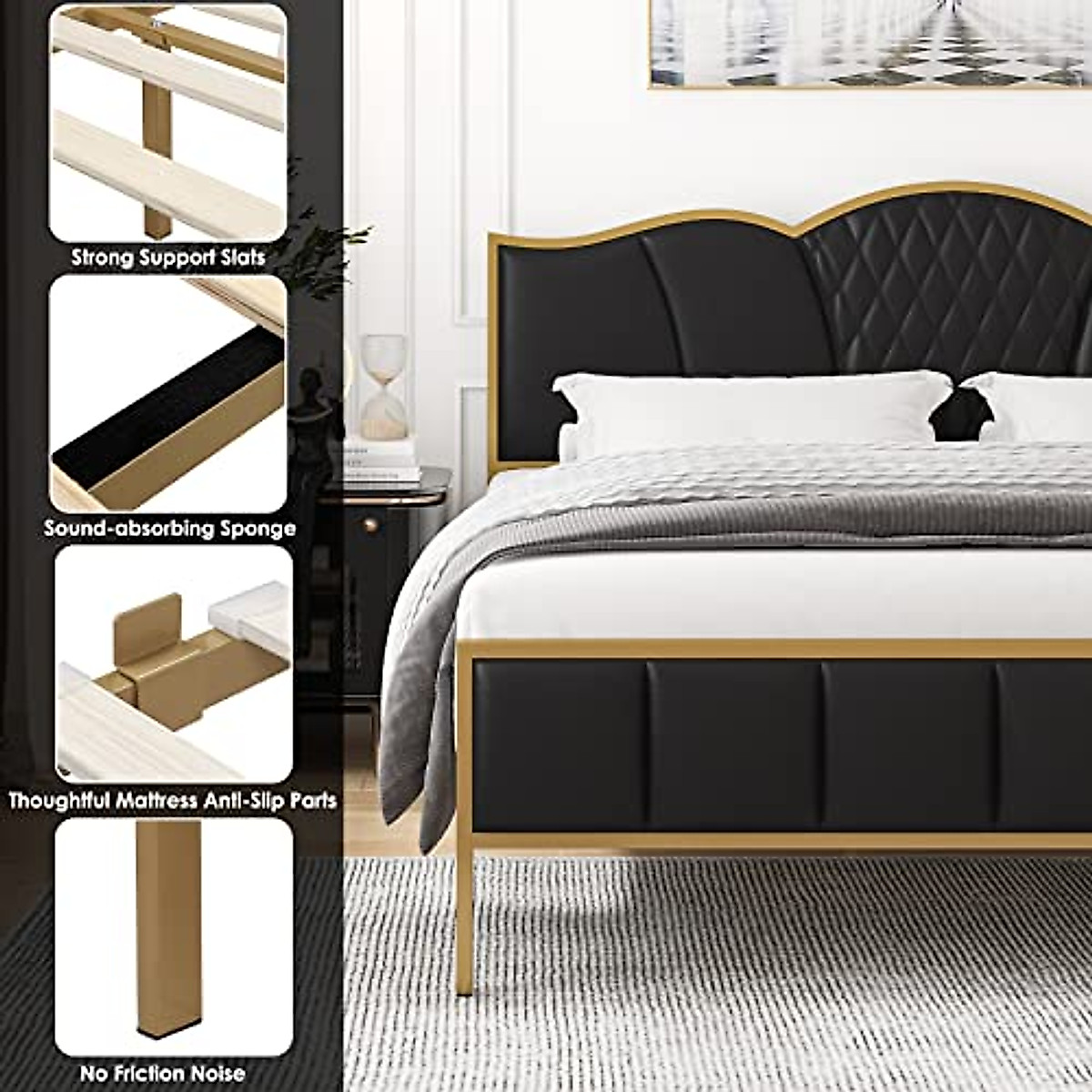 HITHOS King Size Bed Frame, Modern Upholstered PU Bed Frame with Tufted Headboard, Heavy Duty Platform Bed with Wood Slat Support, Noise Free, No Box Spring Needed (Black, King)