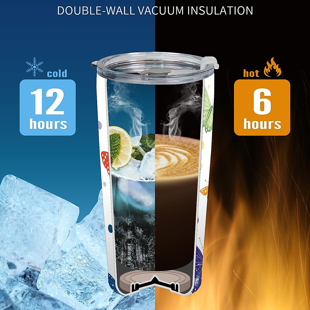 QWEUIOP 20oz Insulated Travel Coffee Mug Retro Butterfly Pattern Stainless Steel Tumbler with Lid Double Wall Vacuum Coffee Cup For Hot and Cold Drinks14029