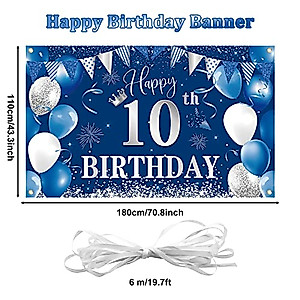 10th Birthday Banner Backdrop,BTZO Happy 10th Birthday Decorations,Blue Silver Fabric Photo Backdrop Background for Boys and Girls 10th Birthday Party,70.8 x 43.3Inch
