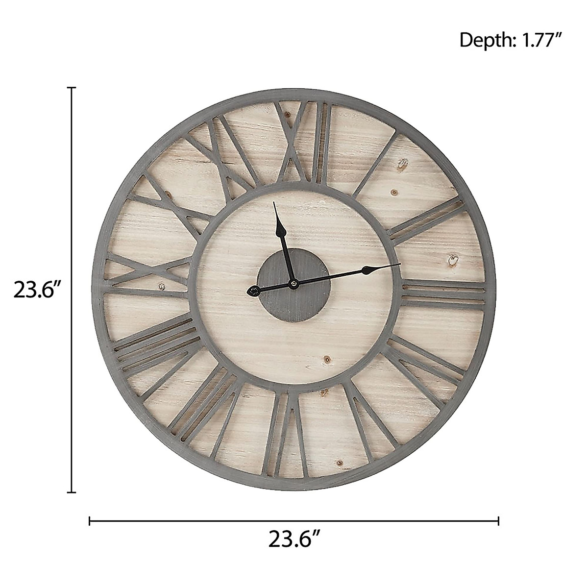 Madison Park Mason Large Wall Clock for Living Room Décor, 23.6 Inch Round Metal Fir Wood Frame, Quartz Battery Operated, Farmhouse Cottage Country Home, Bed, Bath, Rustic Kitchen - Natural/Grey