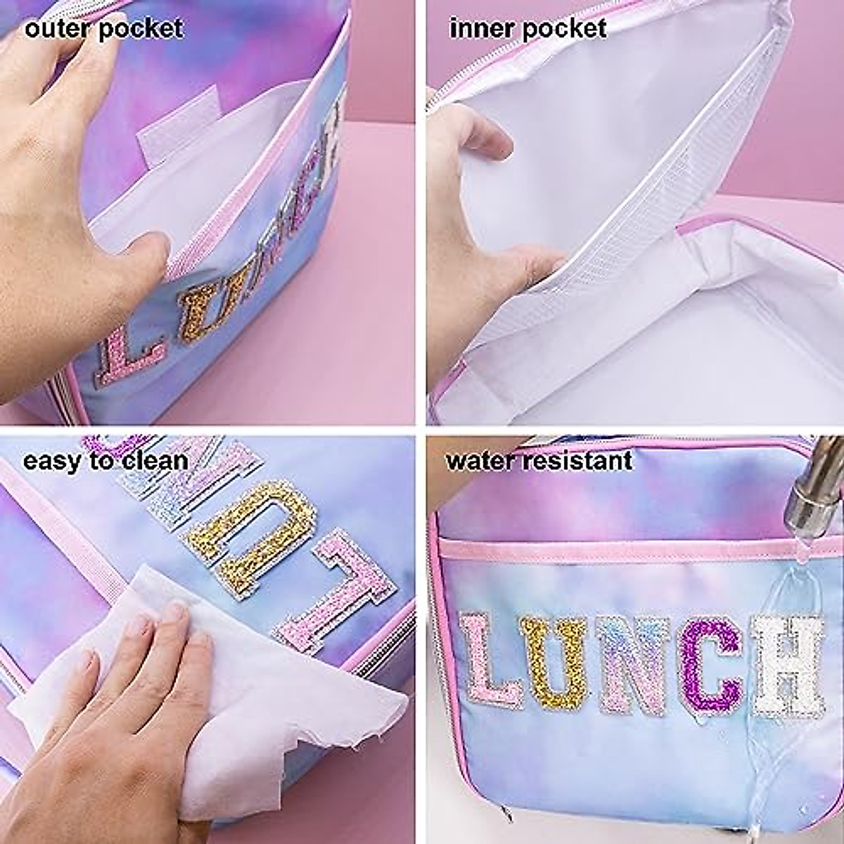 FROG SAC Kids Lunch Bag for Girls, Reusable Insulated Preppy Tie Dye Glitter Varsity Letter Patch Lunch Box, Cute Soft Back to School Tween Lunchbox
