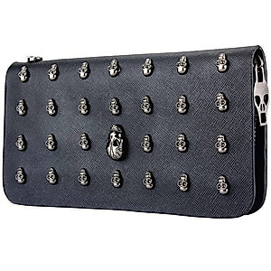 DownUpdown Skull Wallets for Women Wristlet Purses Clutch Black Zipper Purse Faux Leather Punk Gothic Cool Long Wallet Men