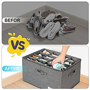 popoly Shoe Organizer for Closet Fits 16 Pairs, Large Shoes Storage Box Bins Containers with Clear Cover and Adjustable Dividers for Sneakers High Heeled, Hard Shell and Stackable (Grey)