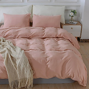 NEXHOME PRO Duvet Cover Set Queen Size Linen Feel Textured Organic Natural 100% Washed Cotton Duvet Cover 3 Pieces Bedding Set with Zipper Closure, Breathable, Soft, Pink (No Comforter)