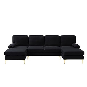 SONGG 107.9” U Shaped Sectional Sofa with Double Extra Wide Chaise, w/Removable Back & Seat Cushions, for Living Room, Office, Apartment, Black