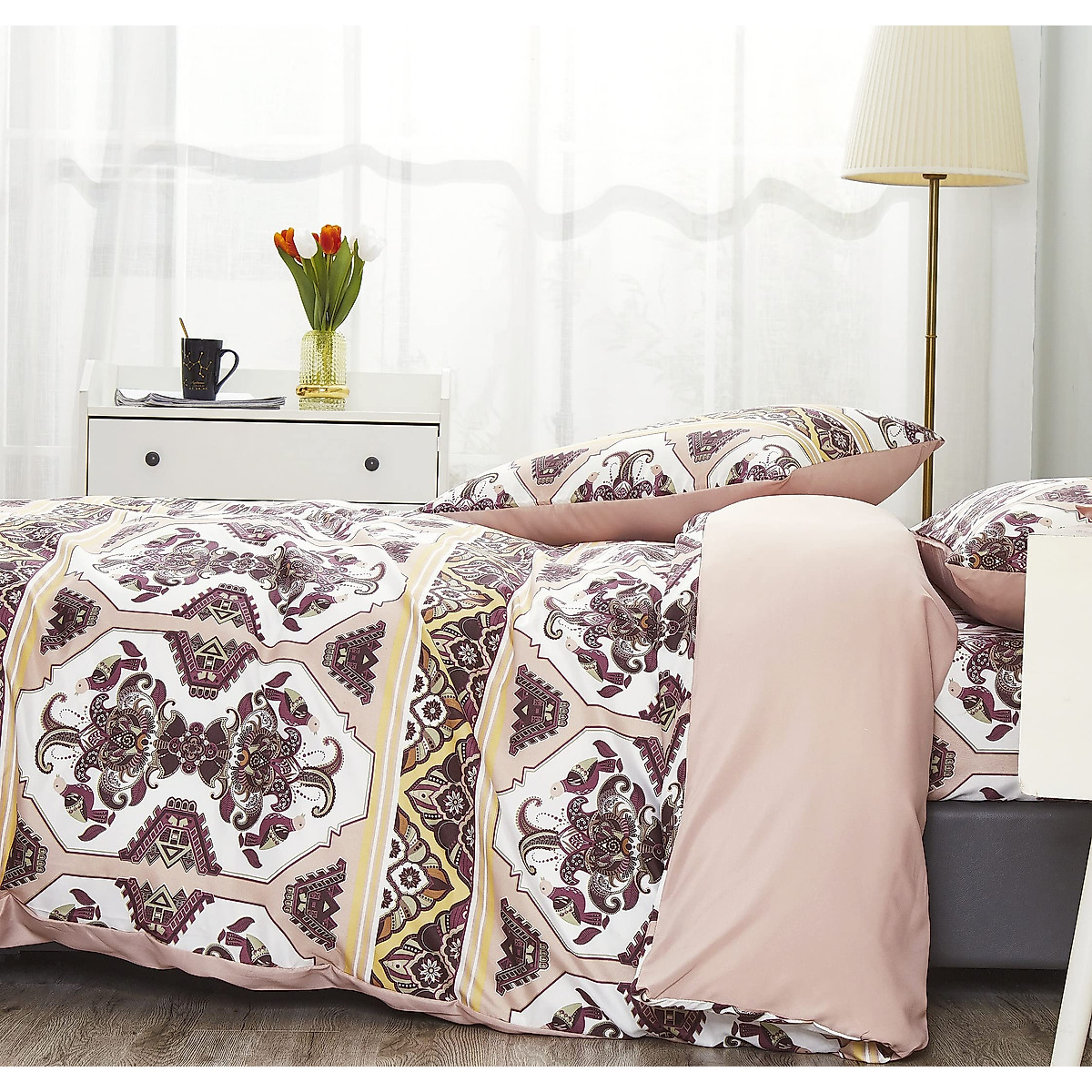 DaDa Bedding Southwestern Duvet Cover Set - Blush Pink, Kilim & Tribal Design - Includes Matching Pillowcases - Persian-Inspired, Ornate Traditional Print - Queen - 3-Pieces