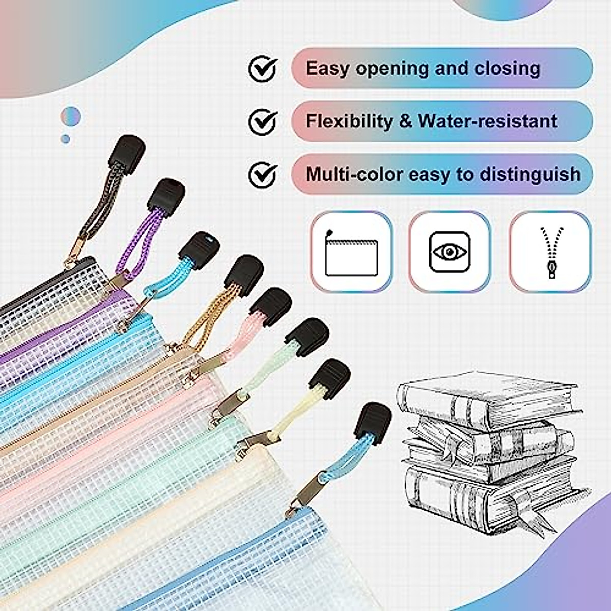 EOOUT 24pcs Zipper Bags Mesh Bags with Zipper, Mesh Zipper Pouch Durable Pouches for Organization Storage, Letter Size/A4 Size, for Travel Organize and Office Supplies