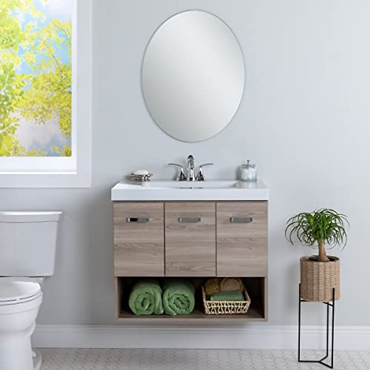 Spring Mill Cabinets Inna Floating Bathroom Vanity with 2-Door Cabinet, Drawer, Open Shelf, and White Sink Top, 30.5" W x 18.75" D x 26.27" H, Forest Elm