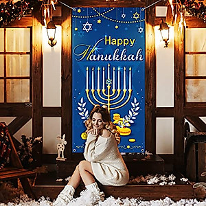 Happy Hanukkah Door Banner Chanukah Door Cover Hanukkah Banner Hanukkah Hanging Welcome Sign Banner Fabric Photography Prop for Jewish Festival Holiday Decorations Hanukkah Party Supplies