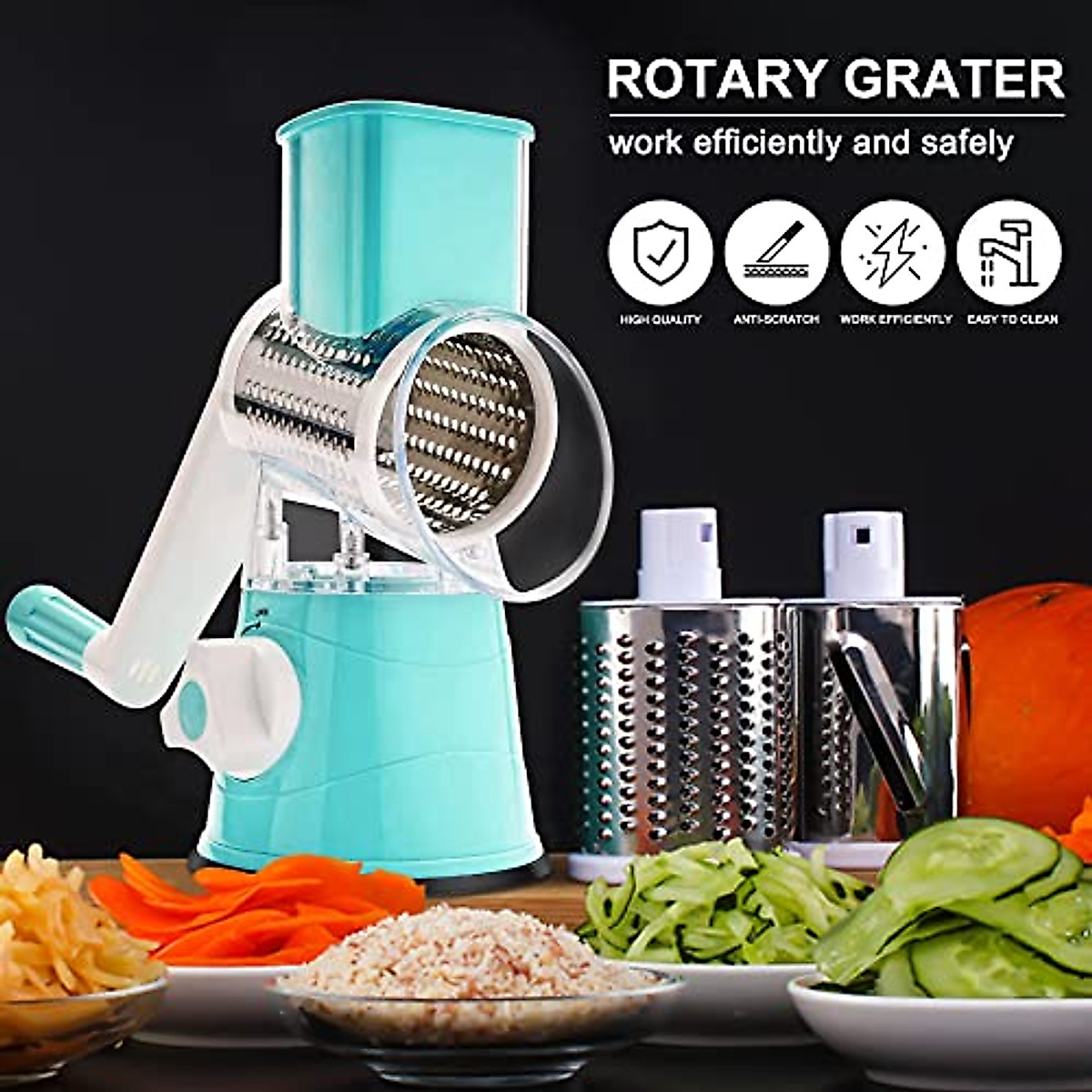 3rd Generation Rotary Cheese Grater, Mandoline Vegetable Slicer with 3 Replacement Blades, Easy to Clean Rotary Shredder for Fruit, Vegetables, Red (Blue)