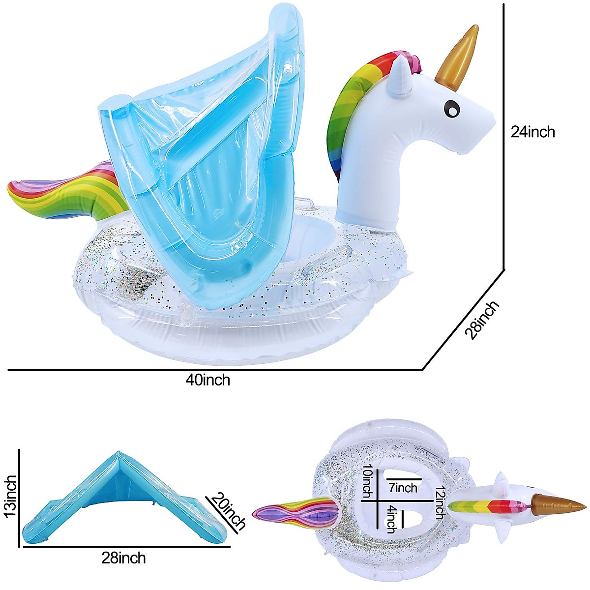 Unicorn Baby Swimming Pool Float with Canopy, Glitters, Seat & Safety Handle, 2024 Summer Baby Floats for Pool, Inflatable Baby floaties for 8-36 Months Toddler Boy Girl Summer Outdoor Party Favor