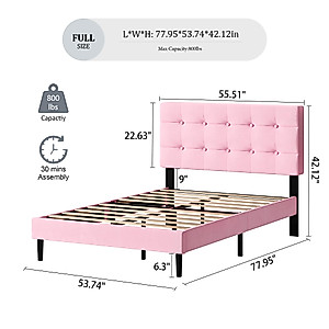 UNIZONE Full Size Bed Frame with Button Tufted Upholstered Headboard, Velvet Platform Bed with Wood Slats Support, Mattress Foundation, No Box Spring Needed, Easy Assembly, Pink