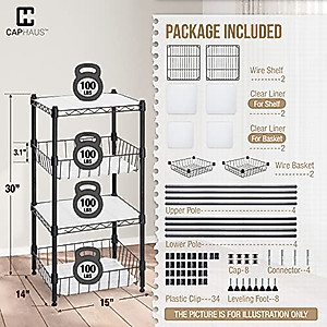 CAPHAUS NSF Adjustable 2 to 4 Tier Stackable Wire Shelving Unit w/Basket & Liner, Storage Corner Shelves, Metal Storage Rack for Kitchen, Bathroom, Laundry Closet, Wire Shelving Basket Shelves Black