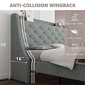 iPormis Queen Bed Frame with Aesthetic Wingback, Upholstered Platform Bed with Diamond Tufting Headboard, 4" Storage Shelf, Sturdy Wood Slats, No Box Spring Needed, Anti-Slip, Light Grey