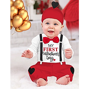 Baby Boy Valentines Day Outfit, Cute Letter Printed Long Sleeve Romper with Bow Tie + Pants + Hat 3Pcs Set