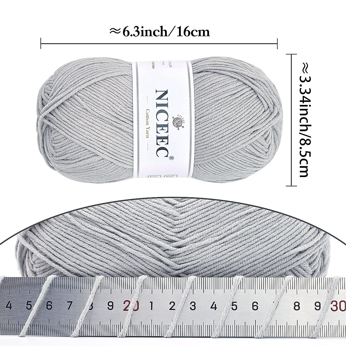 NICEEC 3 Skeins Soft Cotton Yarn 5ply Baby Cotton Yarn for Knitting Crochet Baby Weight Yarn Cotton Blend Yarn Total Length 3×220m(3×240 yds,100g×3)-Light Grey