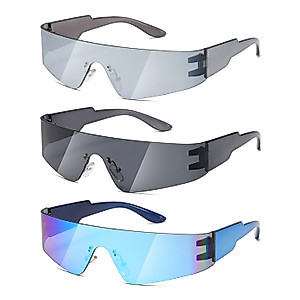 MASDUN Trendy Rimless Futuristic Wrap Around Sunglasses Women Men,Cyberpunk Visor Sunglasses Shades Fashion Eyeglasses (Black/Silver/Blue)