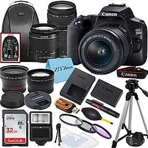Canon EOS 250D / Rebel SL3 DSLR Camera with EF-S 18-55mm + EF 75-300mm Daul Lens + SanDisk 32GB Memory Card + Tripod + Case + Wideangle Lenses + ZeeTech Accessory Bundle (21pc Bundle) (Renewed)