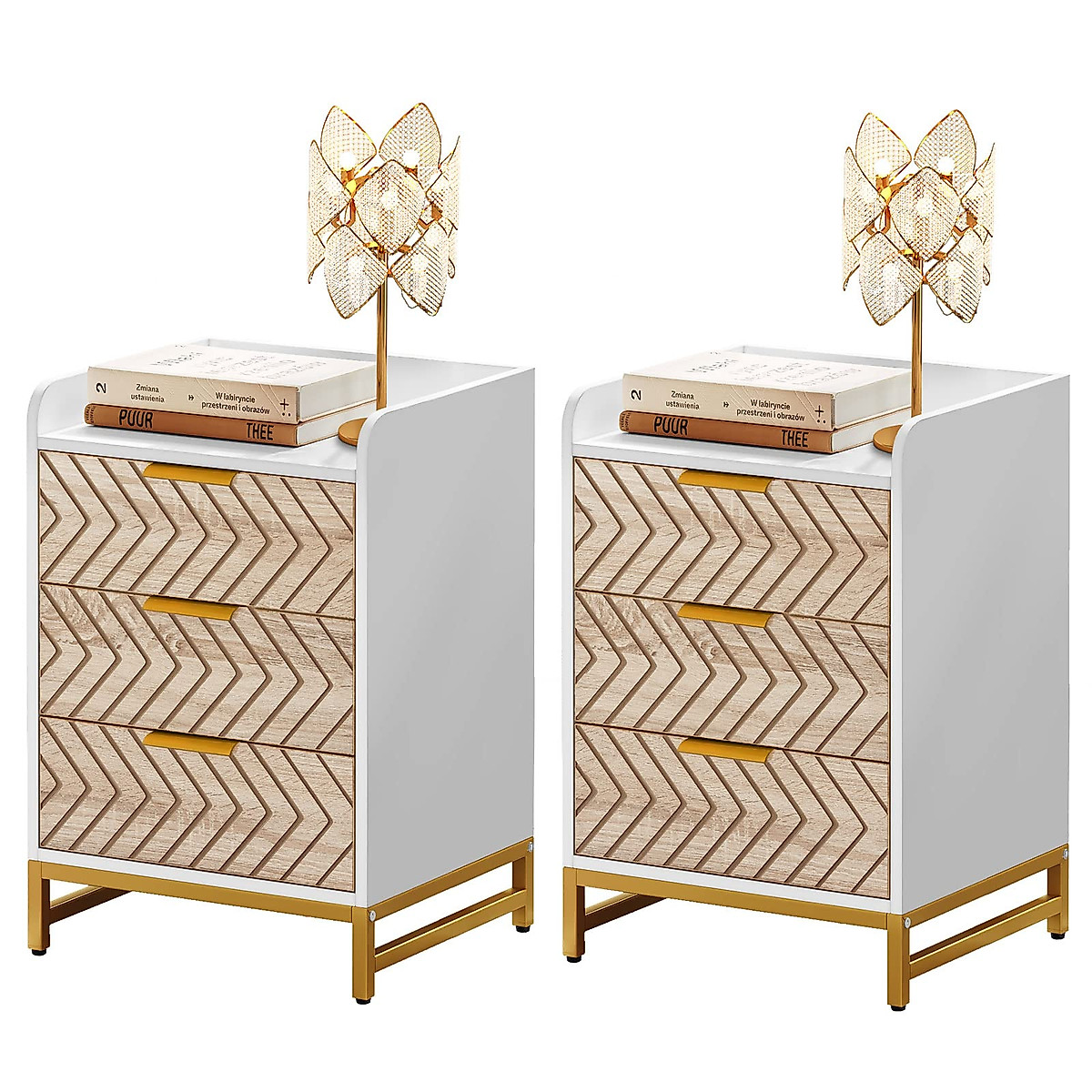 YITAHOME Nightstand with 3 Drawers, Modern Bedside Table with Chevron Design and Gold Metal Legs, Small End Side Table, Night Stands with Lip, for Bedroom, Set of 2