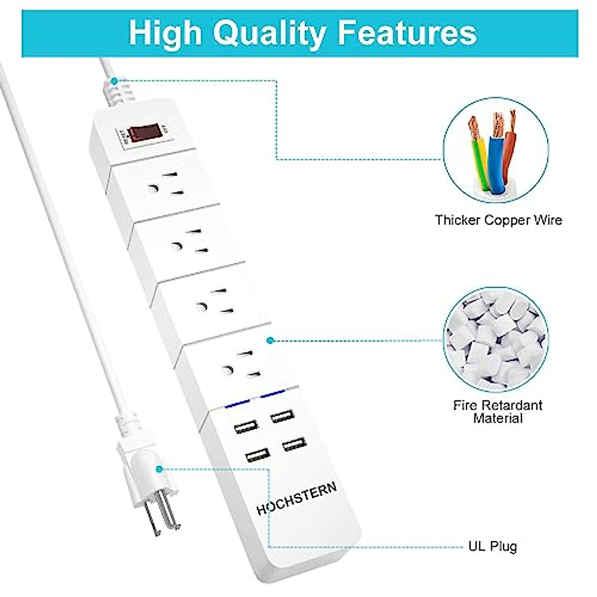 USB Power Strip, 4 USB Ports & 4 Outlets, Fast Charging, White 5.5 ft Cord, 1875W/15A Protector for Desktop, Home, Office & Nightstand Charging Station - Duvik