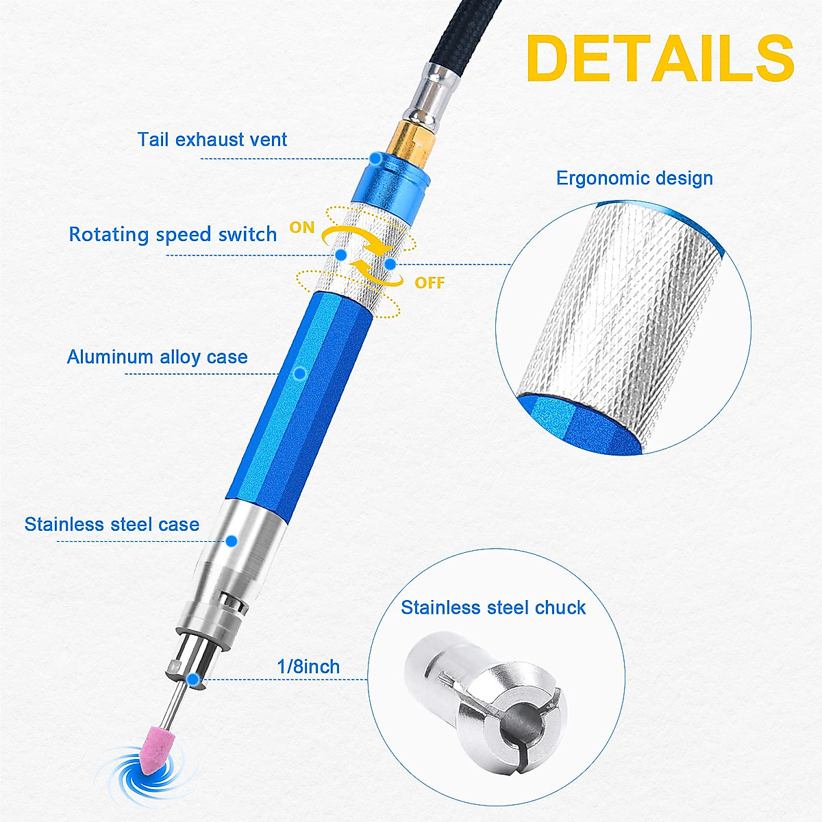 YON.SOU. 18Pcs Pencil Die Grinder Air Tool 1/8" Pneumatic Engraving Pen 70,000 RPM Air Micro Pencil Grinder Kit