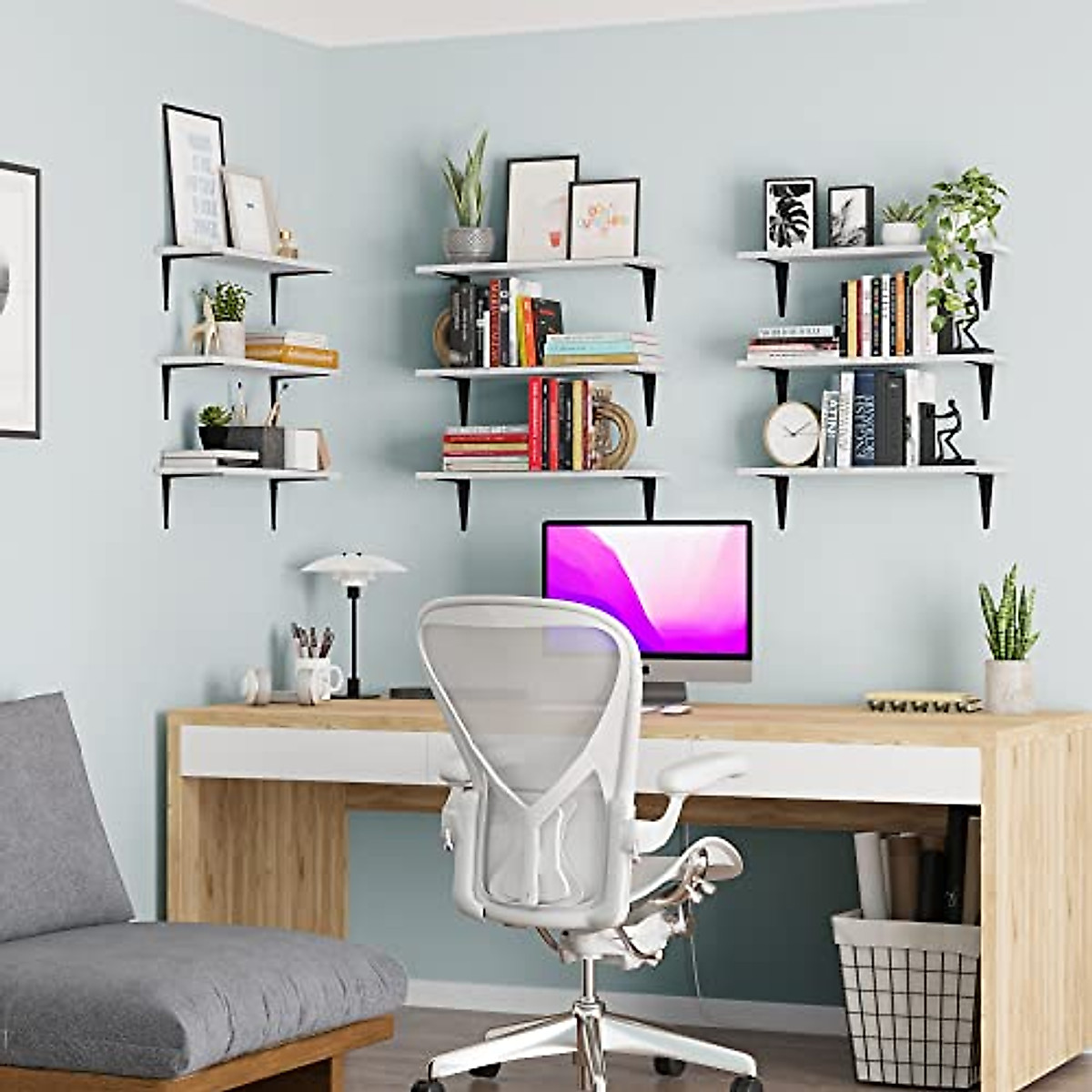 Wallniture Arras Floating Shelves for Living Room Decor, 24" Wall Shelves Office & Kitchen Organization, White Long Bookshelf Set of 9