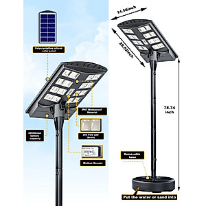 JAYNLT 6000W Solar Street Lights Outdoor with 78" Tall Pole, 3000K/4000K/6500K 400000LM Solar Floor Lamps Dusk to Dawn, IP68 Waterproof Solar Pole Lights with Motion Sensor for Yard, Patio, Camping
