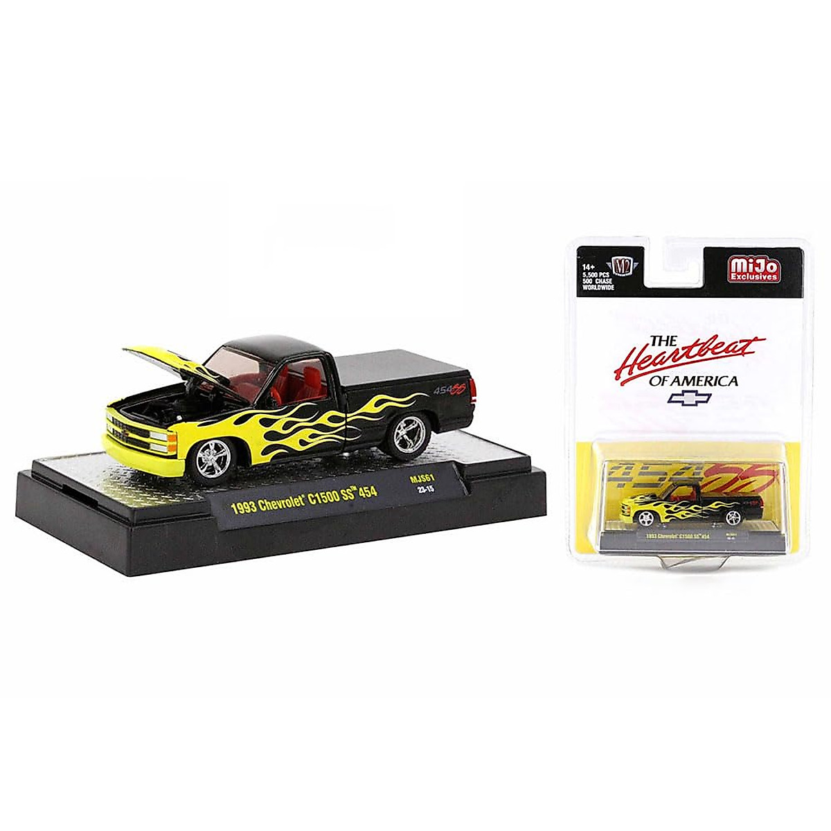 M2 1993 Chevy C1500 SS 454 Pickup Truck Black with Yellow Flames and Red Interior The Heartbeat of America Limited Edition to 5500 Pieces Worldwide 1/64 Diecast Model Car Machines 31500-MJS61