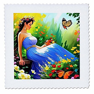 3dRose Gorgeous Woman in Blue Dress Sits on a Bench in The Garden - Quilt Squares (qs-379047-2)