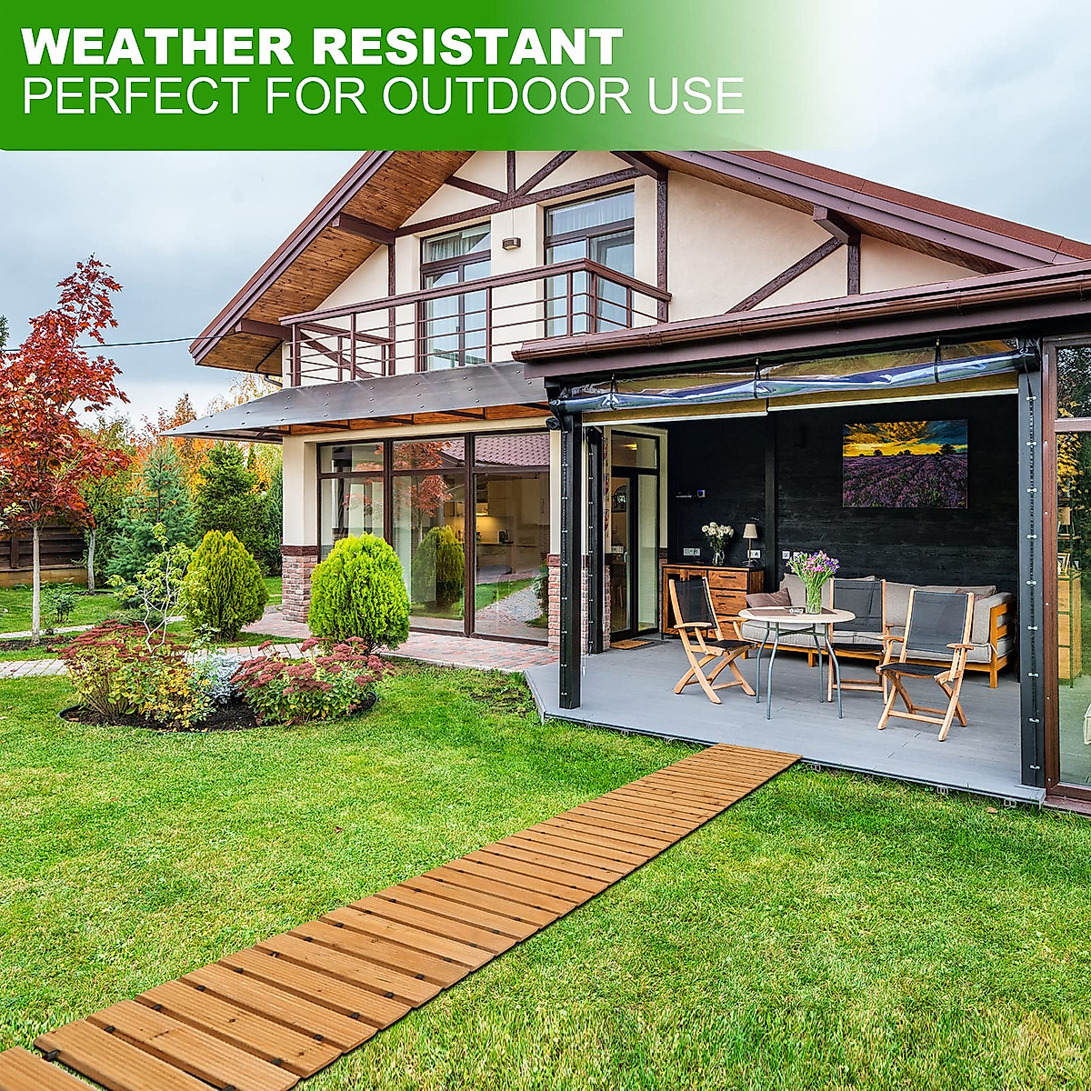 LINSHRY 8FT Wooden Garden Pathway, Outdoor Roll Out Decorative Garden Walkway, Weather-Resistant Non-Slip Wooden Walkway Pavers for Garden, Backyard, Beach, Wedding Party Pathways