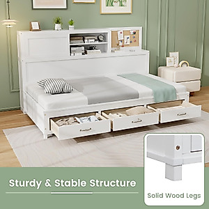 Giantex Twin Daybed with 3 Storage Drawers, Wood Day Bed with Storage Shelves, Cork Board & Sliding Door, Daybed Frame for Kids Adults Guests, No Box Spring Needed, Daybed with Storage, White