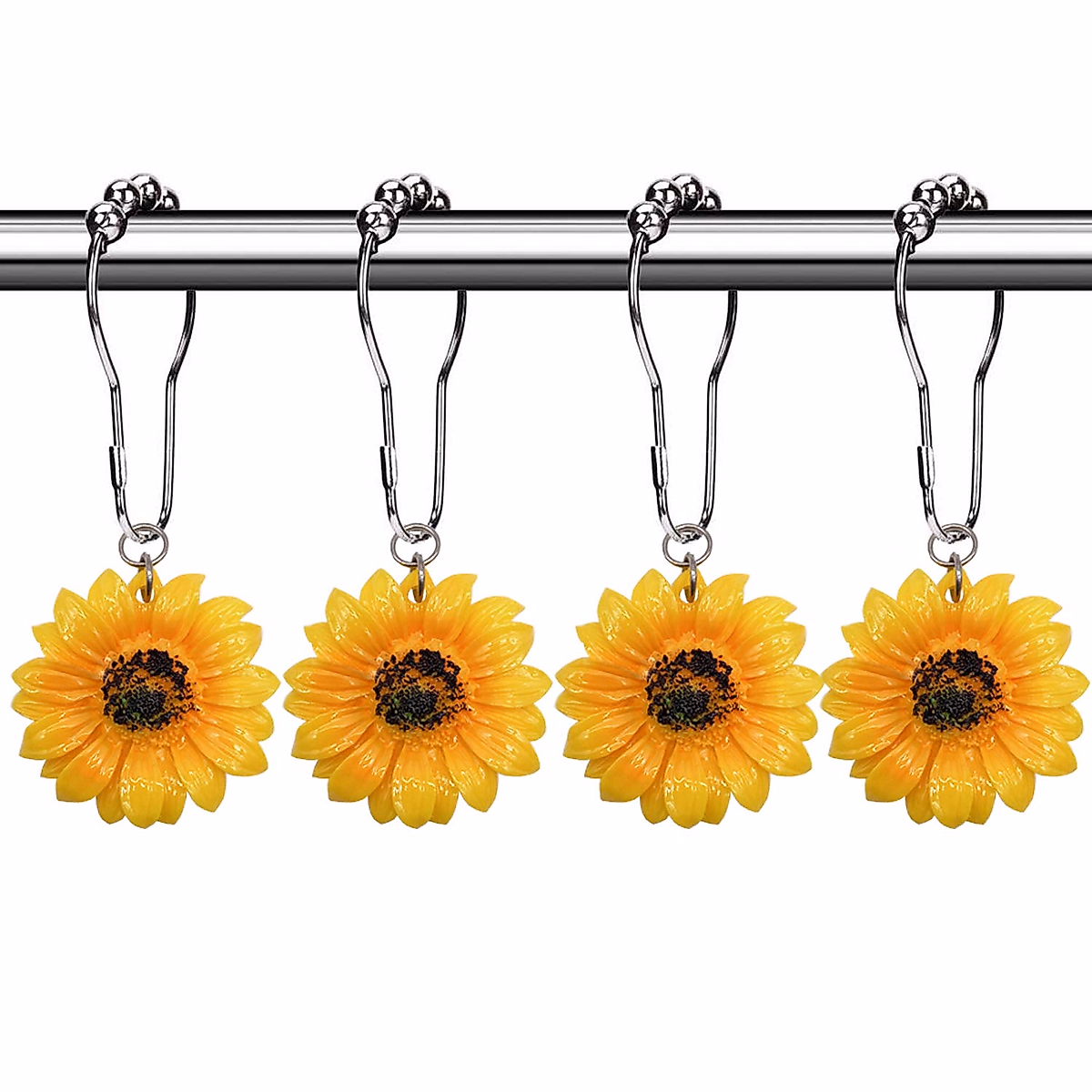 CHICTIE Flowers Shower Curtain Hooks Rings, 12 Pcs Decorative Rustproof Shower Rings for Bathroom Set (Yellow Sunflower)