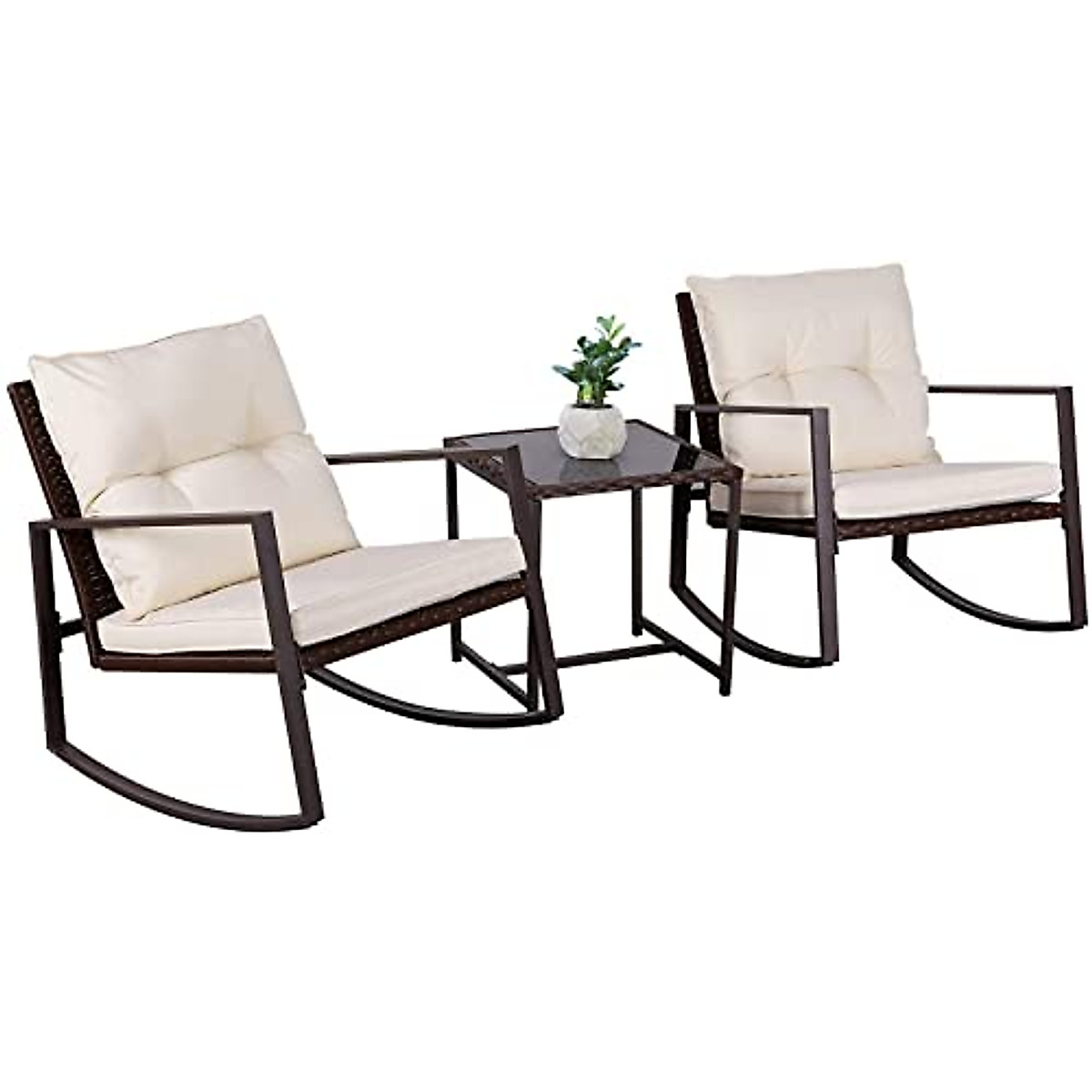 SUNCROWN 3-Piece Outdoor Rocking Bistro Set Brown Wicker Patio Furniture Conversation Sets with Glass Coffee Table (Beige Cushion)