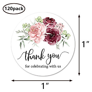 Burgundy Floral Mini Thank Stickers, 1 Inch Wedding Bridal Baby Shower Party Favor Labels 120-Pack