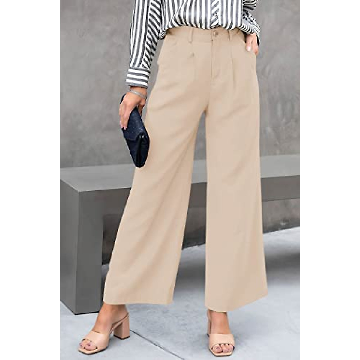 PRETTYGARDEN Women's Casual Summer Work Pants High Waisted Palazzo Pant Flowy Wide Leg Trousers with Pockets (Apricot,Medium)