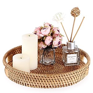 Hipiwe 10" Round Rattan Serving Tray with Handles, Hand-Woven Decorative Organizer Tray for Storage Breakfast Drinks Snack, Centerpiece Fruit Basket for Home Decoration, Small