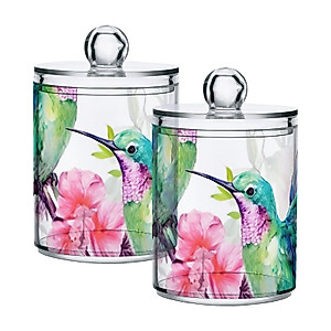 GOODOLD Hummingbirds Qtip Holder 2 Pack - 10 Oz Clear Plastic Apothecary Jar Set for Bathroom Organization - Versatile Canister Storage for Cotton Balls, Swabs, Rounds
