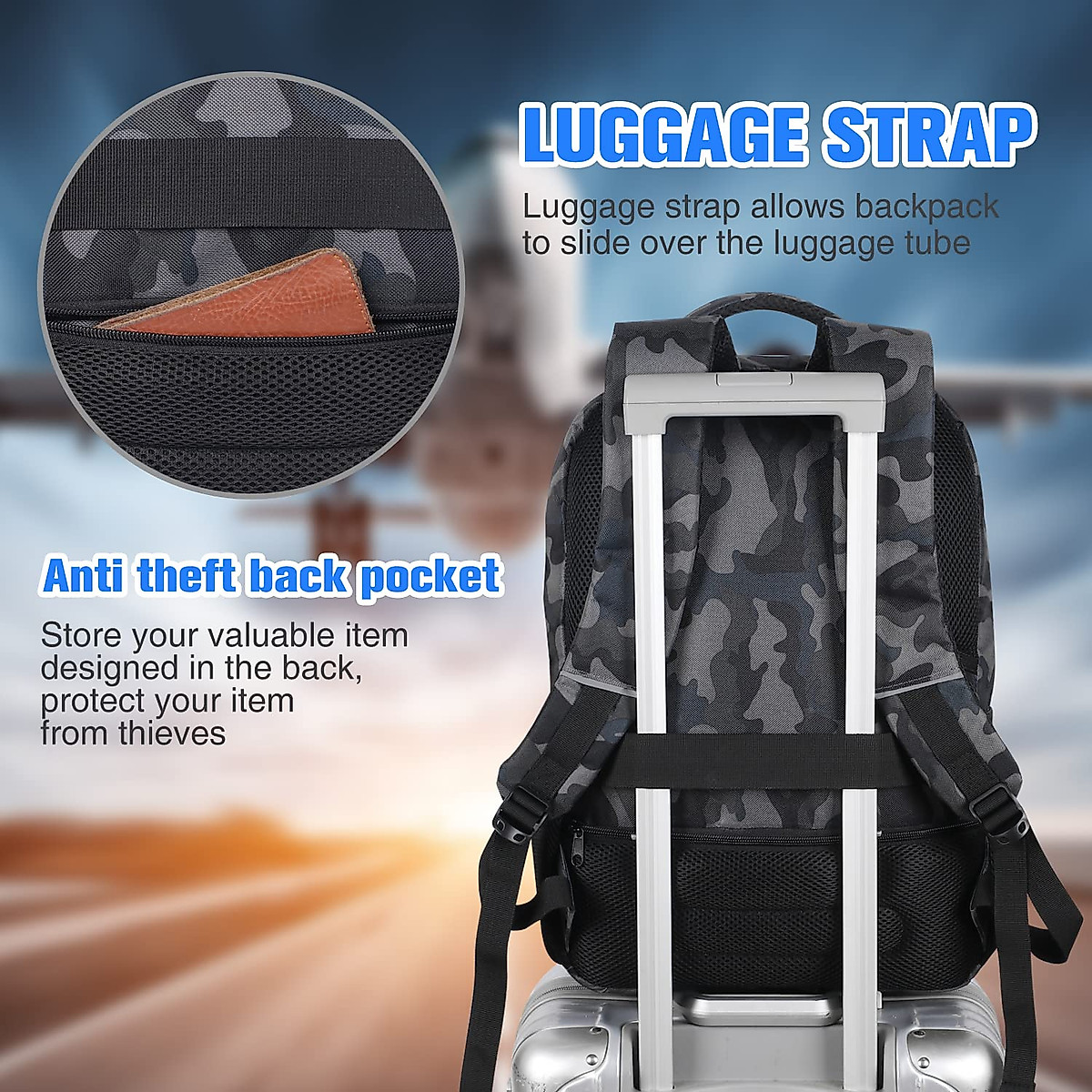 Paude 17 inch Travel Business Backpack for Men,College Backpack School Bookbag for Teens,Laptop Bookbag with USB Port and Headphone Hole,Camouflage Black