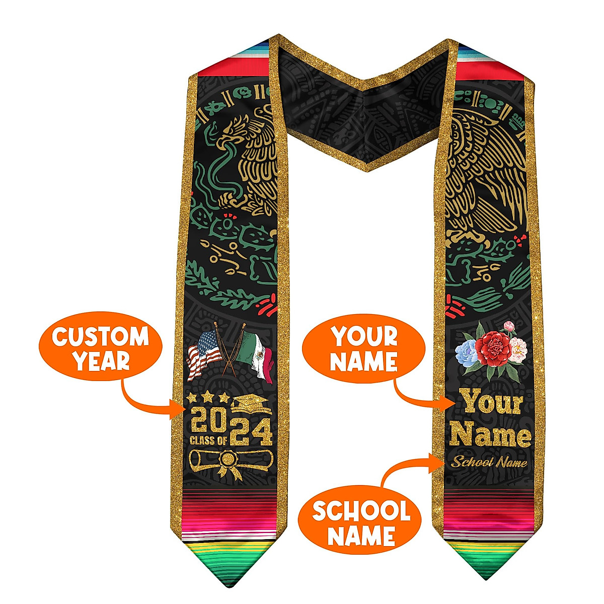 Mexico Graduation Stole Customize, Custom Mexican American Flag Graduation Sash 2024, Mexican Graduation Sash 12