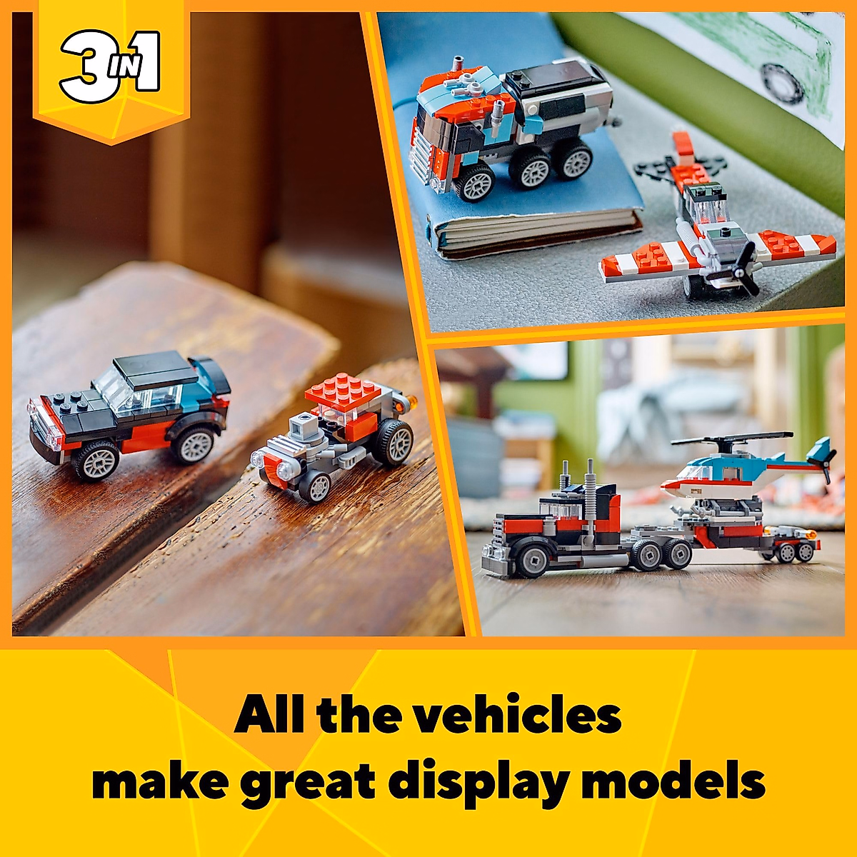 LEGO Creator 3 in 1 Flatbed Truck with Helicopter Toy, Transforms from Flatbed Truck Toy to Propeller Plane to Hot Rod and SUV Car Toys, Gift Idea for Boys and Girls Ages 7 Years Old and Up, 31146