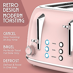 Mueller Retro Toaster 4 Slice with Extra Wide Slots Bagel, Defrost, and Cancel Function, 6 Browning Levels, Dual Independent Controls, Removable Crumb Tray and High Lift Levers, Pink