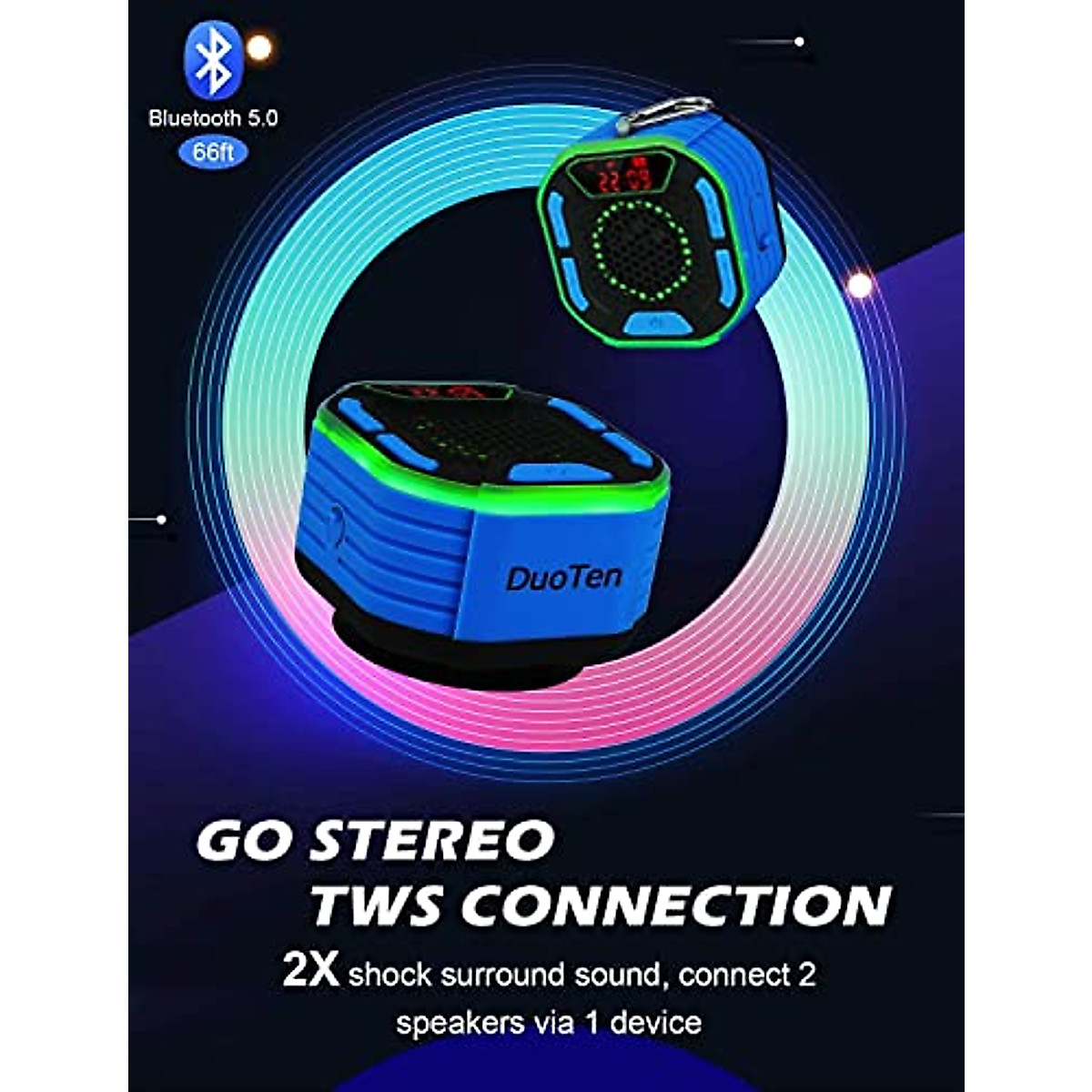 DuoTen Shower Speaker, IPX7 Waterproof Portable Bluetooth Wireless Speaker Shower Radio with Loud Stereo Sound, LED Display, Light Show, Suction Cup, Sturdy Hook for Home, Party, Outdoor, Travel, Pool